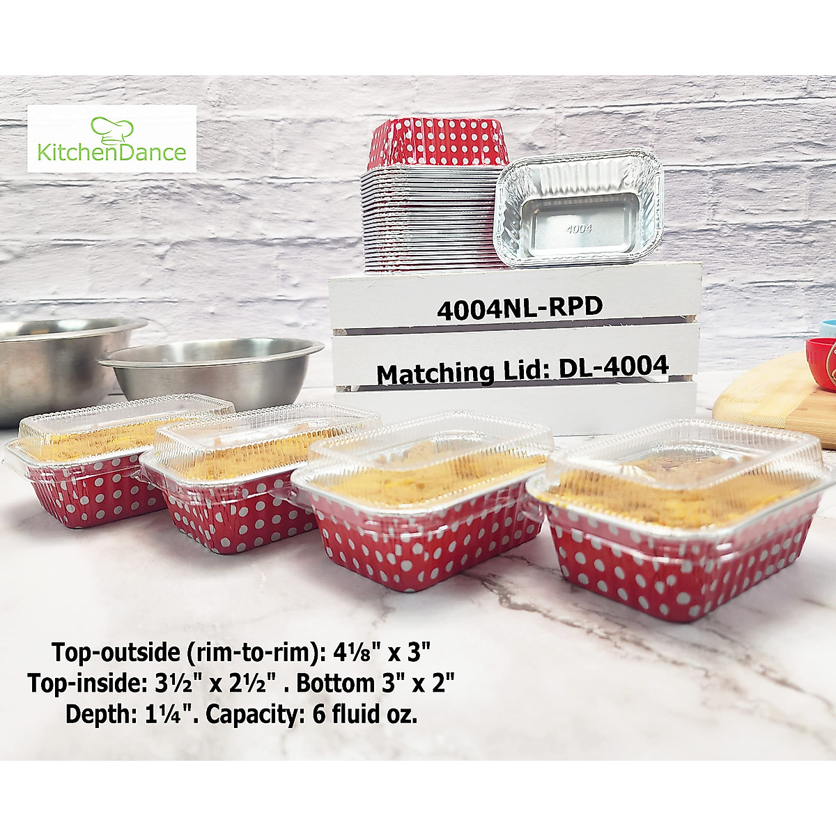 KitchenDance Disposable Aluminum Mini Loaf Pans with LIds - 6 Ounces Rectangular Individual Sized Loaf Pans, Oven Safe Aluminum Foil Baking Pans perfect for Cakes, Cobblers- #4004 (Red Polka Dot, 50)