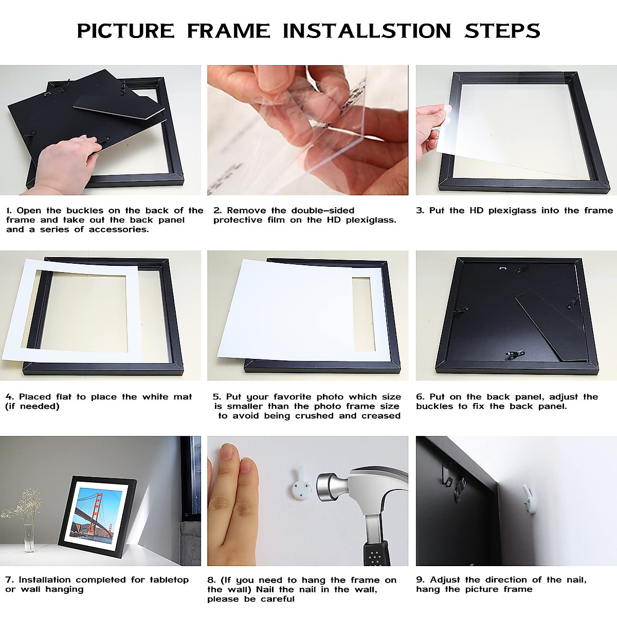 OMISHE 9x9 inch Picture Frame Black for Wall Hanging or Tabletop Poster, Frame Display 7x7 inch with Mat or 9x9 Without Mat, Square Wall Gallery Photo Frame, Black