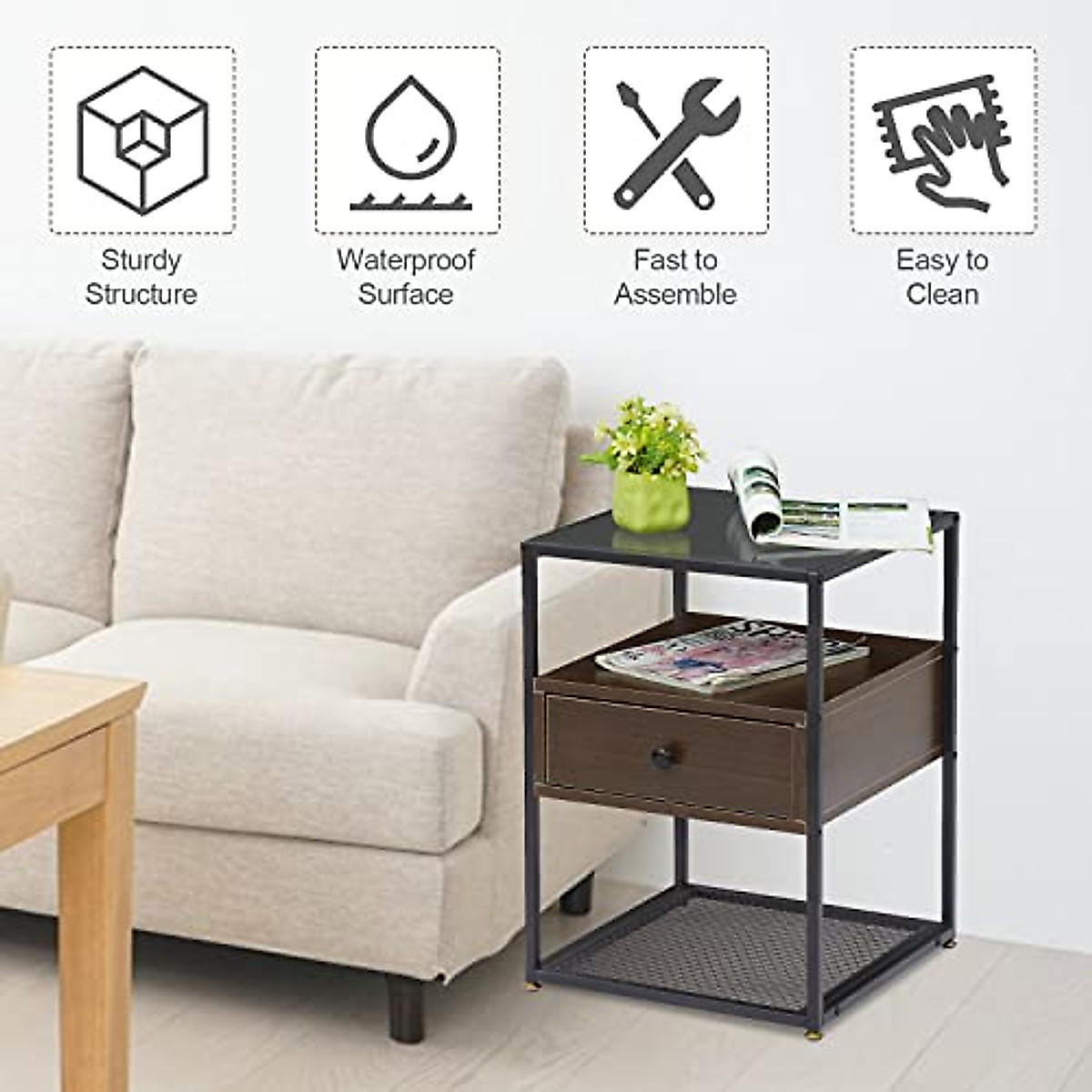 Kinfant End Table Set with Drawer - Nightstand Bedside Table with Mesh Shelf, Side Table with Glass Top for Hallway, Living Room, Bedroom, Rustic Brown and Black (2)