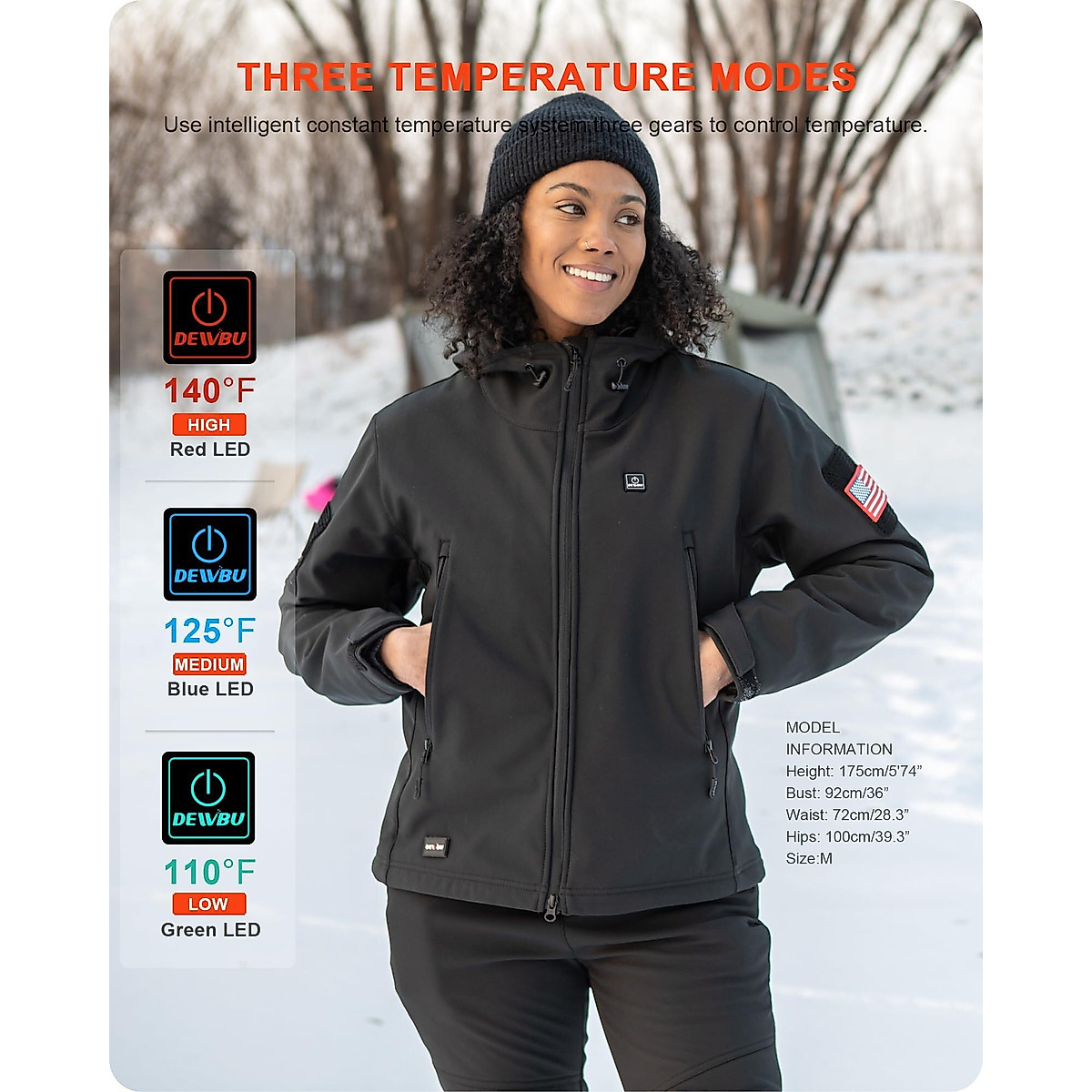 DEWBU Heated Jacket for Women with 12V Battery Pack Winter Outdoor Soft Shell Electric Heating Coat, Women's Black, M