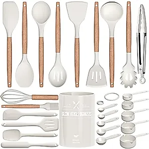 Kitchen Utensils Set, 26 Pcs Non-Stick Silicone Cooking Utensils Spatula Set with Holder, Sturdy Wooden Handle, Heat Resistance Silicone Kitchen Gadgets Utensils Set, White