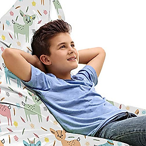 Lunarable Childish Lounger Chair Bag, Xmas Cartoon Illustrated Hand Drawn Deer Forest Animals with Flower and Leaves, High Capacity Storage with Handle Container, Lounger Size, Multicolor