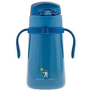 Stephen Joseph, Stainless Steel Double Wall Bottle with Handles and Weighted Straw, Training Cup, Space