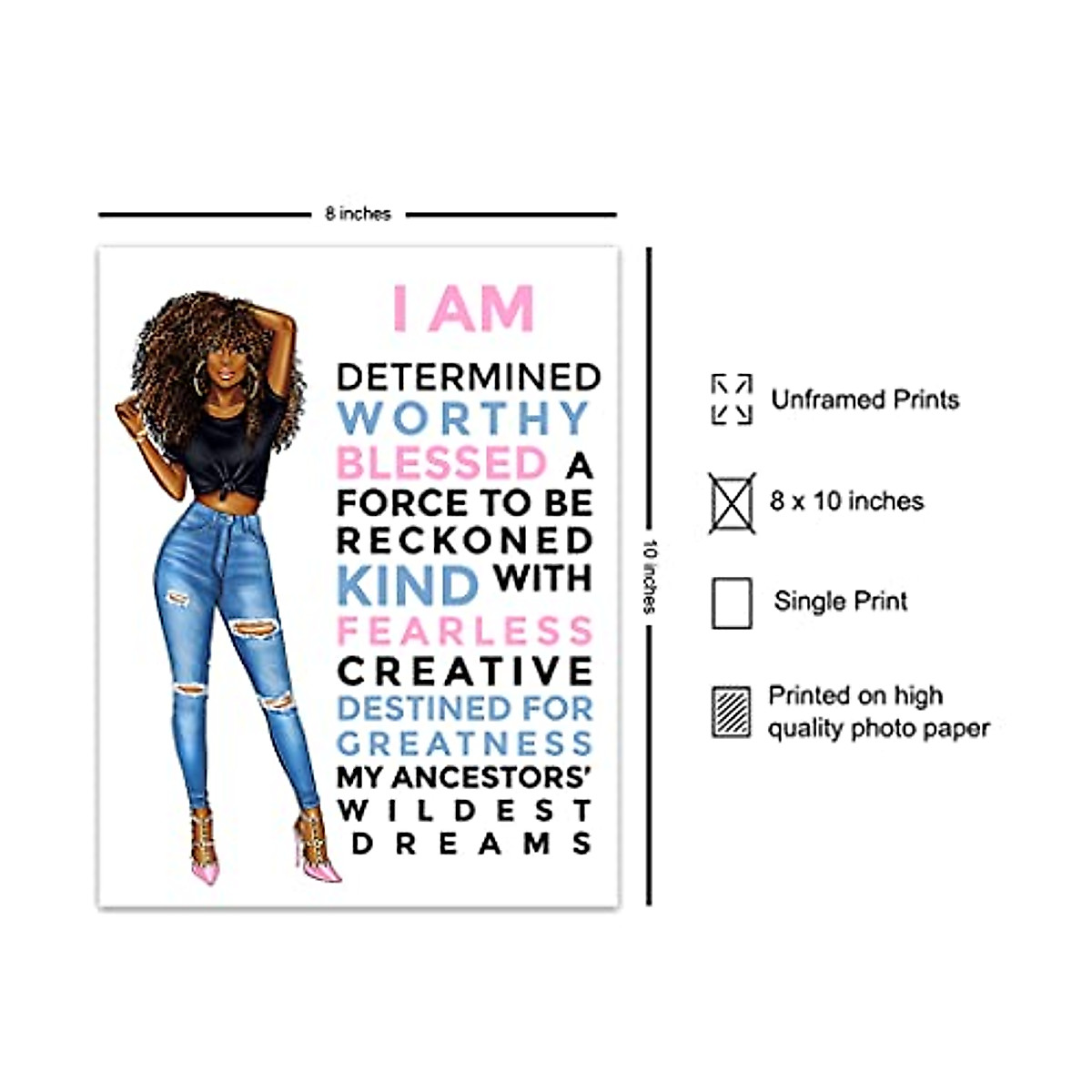 Motivational Black Wall Art for Latino Hispanic Ethnic African American Women - Inspirational Positive Quotes Home Decor Poster for Girls Room, Teens Bedroom, Bathroom - Encouragement Gifts for Women