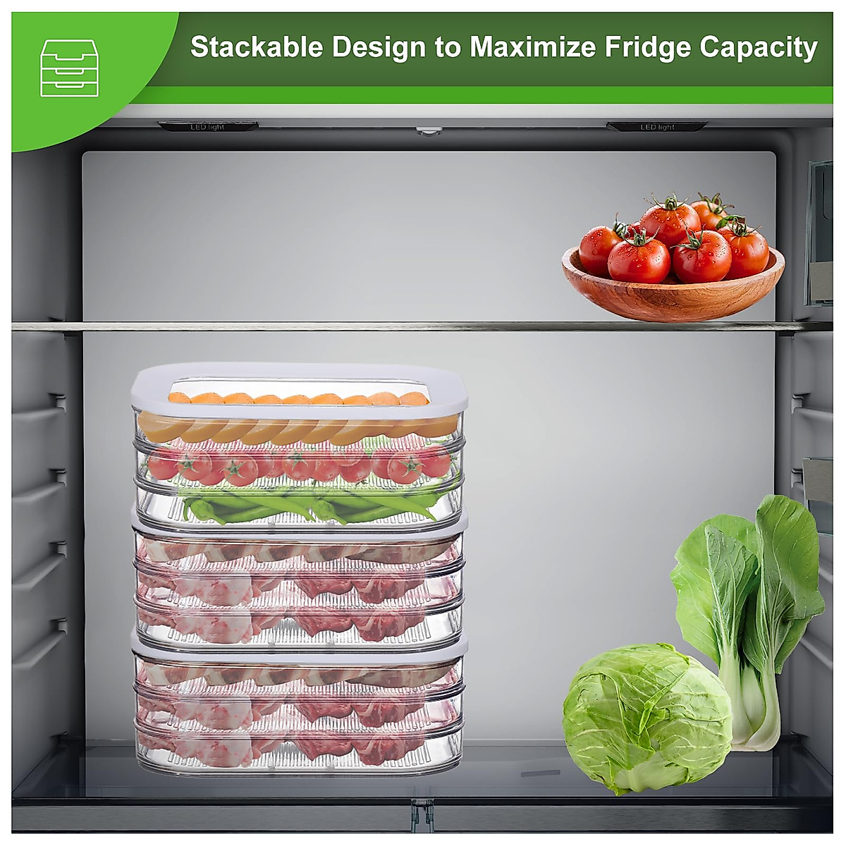 Deli Meat Container for Fridge, Lunch Meat Container for Refrigerator, Cold Cuts Storage Containers for Fridge, Stackable Three-layer Bacon Storage Container for Fridge with 2 Serving Tongs, BPA Free