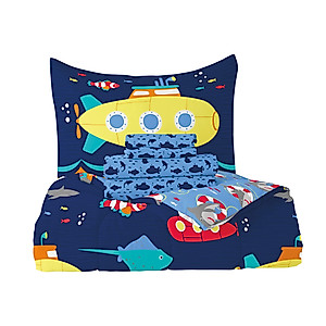 dream FACTORY Kids 5-Piece Complete Set Easy-Wash Super Soft Microfiber Comforter Bedding, Twin, Navy Submarine