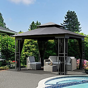 HAPPATIO 10' X 12' Outdoor Patio Gazebo, Outdoor Canopy Gazebo for Garden,Yard,Patio with Ventilation Double Roof with Mosquito Netting,Gray