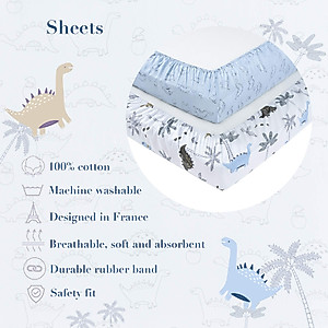 My Little Zone 100% Cotton Crib Fitted Sheets for Baby Boys and Girls, Dinosaur - Breathable Toddler Bed Sheet Set - Dino Safari, 28x52 with 8" Deep Pocket, Blue-White, 2 Pack