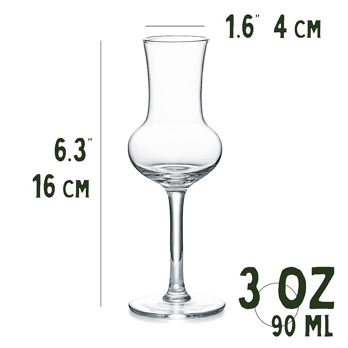 Crystal Grappa and Cordial Glasses | Set of 6 | Small 3 oz Long Stemmed Spirit Glassware for Liqueur, After Dinner Drink, Aperitif, Digestive | Tulip Shaped Liquor Stemware for Nosing, Sipping