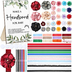 Geosar Baby Shower Games DIY Headband Making Kit Include Wooden Game Sign 60 Elastic Cute Flowers Hairbands 10 Round Fabrics with Tape for Baby Shower Guest Games(Greenery)
