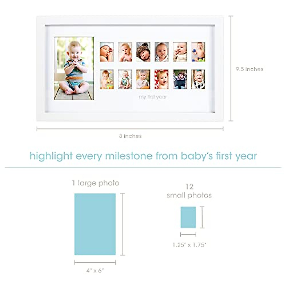 Pearhead My First Year Photo Moments Baby Keepsake Picture Frame, Baby’s First Year Photo Frame, Gender-Neutral Baby Milestone Nursery Wall Décor, 13 Photo Inserts, White