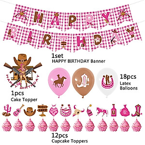 Western Cowgirl Pink Birthday Party Decoration, Horse Rodeo Party Supplies for Girls Including Birthday Banner,Horse Star Balloons, Cake Toppers (Pink Cowgirl)