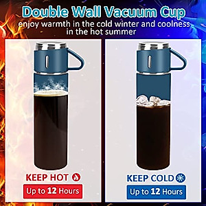 MOLINGRITAR Insulated Water Bottle with 3 Cups Stainless Steel Vacuum Thermos Flask Set with Handle for Men Women, Leak Proof Coffee Mug with Lid for Sport Travel Office School