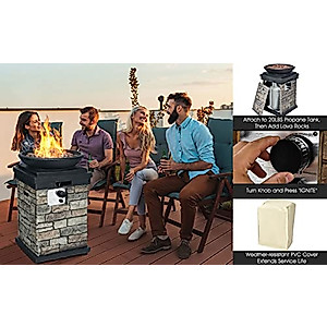 Giantex Propane Firebowl Column, 40,000 BTU Outdoor Gas Fire Pit, Compact Ledgestone Firepit Table with Lava Rocks and Rain Cover