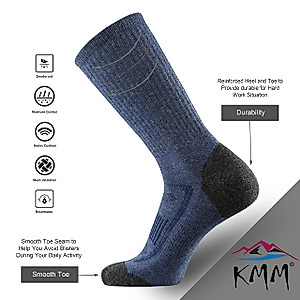 KMM Men's Merino Wool Cushion Crew Socks Moisture Wicking Control Medium Weight Warm for Outdoor Hiking Hike Trail Cycling(Denim L)