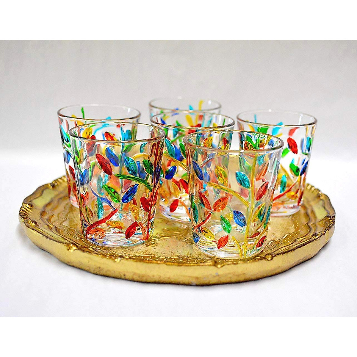 Murano Glass Italian Crystal Shot Glasses, Hand Painted Flowervine Pattern, Set of 6 - Made In Italy