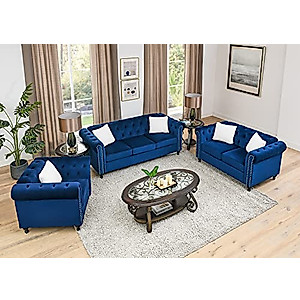 Melpomene 3 Pieces Blue Velvet Living Room Sofa Set Including 3-Seater Sofa Loveseat and Sofa Chair, with Button Tufted Nailhead and 5 White Villose Cushions (1+2+3 seat)