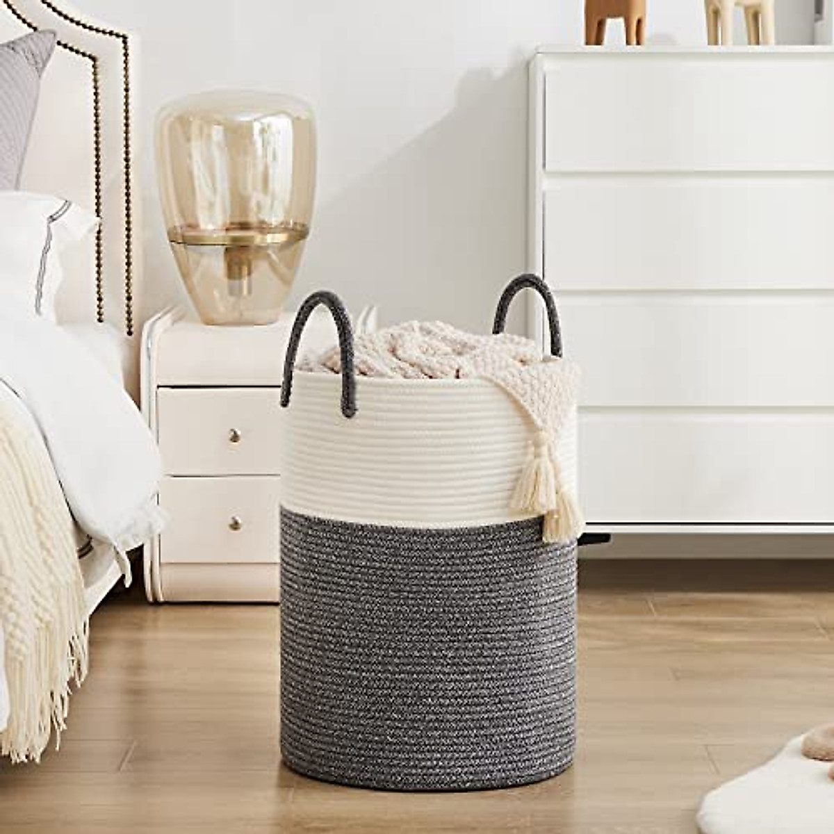 YOUDENOVA Cotton Rope Laundry Hamper Basket, 58L Tall Woven Collapsible Baskets for Blanket Organizing Clothes Hamper for Laundry Room Storage