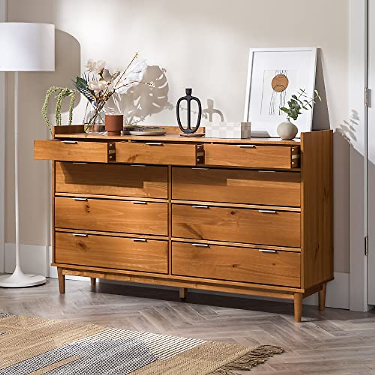 Walker Edison Blythe Mid-Century Modern Tray-Top Solid Wood 9-Drawer Dresser, 60 Inch, Caramel