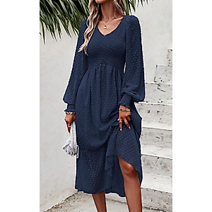 PRETTYGARDEN Women's Fall Dresses 2024 Long Sleeve V Neck Swiss Dot Smocked Ruffle Midi Dress Boho Chiffon Flowy Long Dress (Navy,Large)
