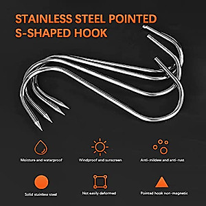 Betinyar 10 Pieces 7.5 Inch Meat Hooks, Stainless Steel Butcher Hooks, Heavy Duty S-Hooks for Hanging Meat, Meat Smoking Hooks for Processing, Drying