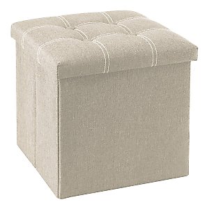 YOUDENOVA 15 inches Storage Ottoman Cube, Foldable Storage Boxes Footrest Step Stool, Padded Seat for Dorm Living Room, Support 300lbs, Line Fabric Beige