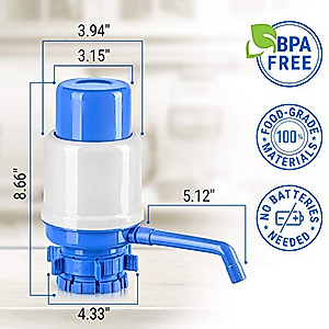 HotFrost Manual Water Pump for 5 Gallon Bottle – Hand Pressure Water Dispenser - Secure Fit on Crown Top Jugs - 3 Tube Lengths, Protective Spout Cap, Cleaning Brush, BPA-Free Food-Grade Materials