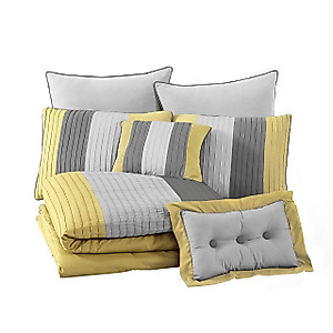 Chezmoi Collection 8-Piece Luxury Striped Comforter Set (Queen, Yellow/Gray/Paloma)