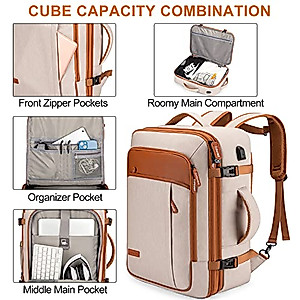 Lumesner Carry on Backpack, Extra Large 40L Flight Approved Travel Backpack for Men & Women,Expandable Large Suitcase Backpacks With 4 Packing Cubes,Water Resistant Luggage Daypack Weekender Bag,Beige