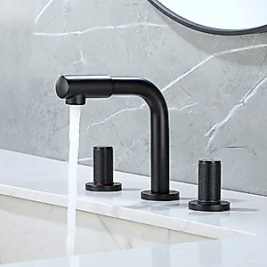 SHAMANDA 8 Inch Widespread Faucet with 360 Degree Swivel Nozzle and Spout, Modern 2 Unique Knob Handles Bathroom Sink Faucet 3 Hole Matte Black, Valve and cUPC Water Supply Hoses Included, LB801-7