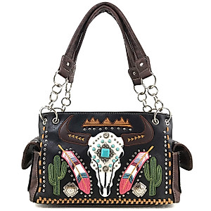 Zelris Longhorn Skull Embroidered Feather Cactus Design Women Conceal Carry CCW Shoulder Handbag Purse (Black)