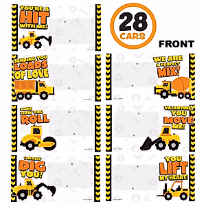 JOYIN 28 Pack Valentines Party Gift Cards with Mini Construction Vehicle Toy Set for Kids Valentine's Classroom Exchange Prizes Valentine Party Favor Toys Including Dump Truck, Excavator and More