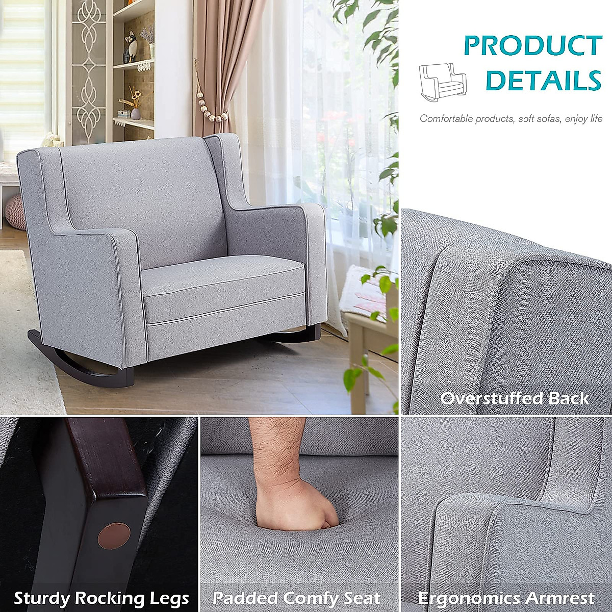 Esright Nursey Rocking Chair, Extra Wide Wingback Tufted Upholstered Chair, Baby Rocker for Nursery Comfortable Relax Glider Chair and A Half, Light Grey