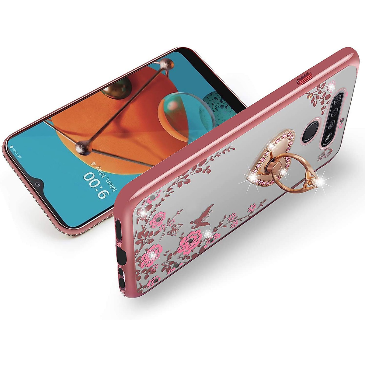 LG K51 Phone Case for Women, LG Q51 Case Glitter Crystal Butterfly Heart Floral Cute for Girls and Women Lovely Bow Love with Ring Stand Slim Soft TPU Protective Cover Case for LG K51/LG Q51-Rose Gold