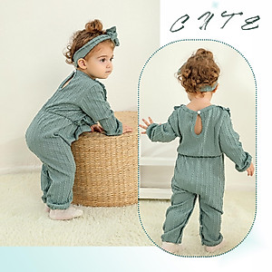 Happy Town Baby Girl Romper Infant Fall Winter Clothes Ruffle Sweater Long Sleeve Bodysuit Jumpsuit and Headband (Green, 0-3 Months)