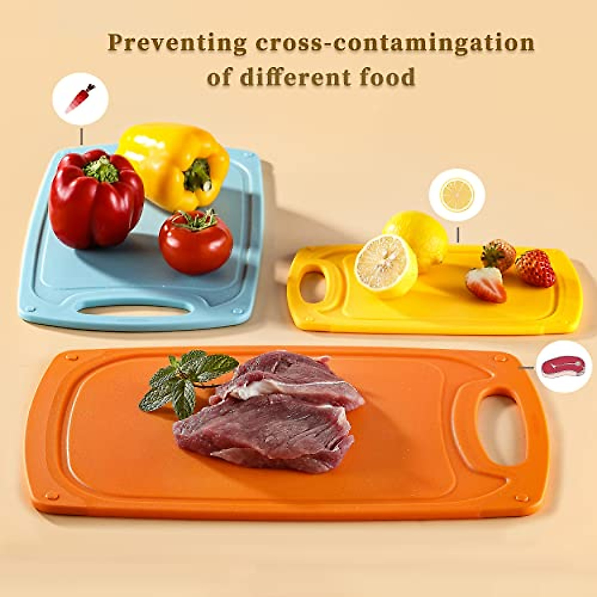 Plastic Cutting Board for Kitchen, 3 Pieces Dishwasher Safe Cutting Boards with Juice Groove, Durable, Non-Slip, BPA-Free, and Knife Friendly Cutting Board Set - Perfect for Meat, Vegetables, Fruits