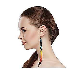 One of a kind Tribal Extra Long Beaded Earrings Handmade (Black Blue Fire)