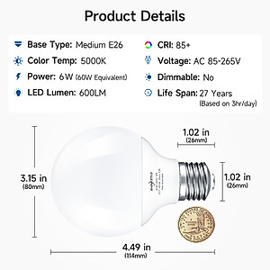 SHINESTAR 4-Pack Vanity Light Bulbs, 60W Equivalent, 5000K Daylight, G25 LED Globe Light Bulbs for Bathroom, E26 Medium Base, Non-Dimmable