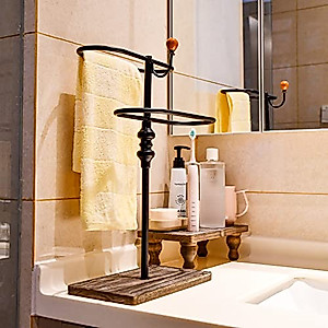 2-Tier Towel Rack Rustic Double T-Shape Ring Hand Towel Holder Wood Base & Black Metal Rack Farmhouse Towel Holder DIY Headband Holder Towel Holder Stand with Hook Bathroom Kitchen Counter Organizer