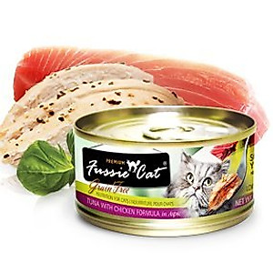 Fussie Cat Premium Grain Free Canned Cat Food 3 Flavor Variety Bundle: (4) Tuna with Chicken, (4) Tuna with Salmon and (4) Tuna with Ocean Fish, 2.82 Oz Each (12 Cans Total)
