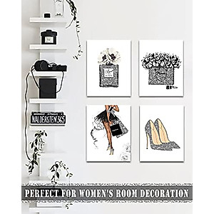 Glam Gray Fashion Wall Decor - Woman Makeup Framed Wall Art - Silver Girly Room Decor - Beauty Room Decor Pictures Arts for Office Bedroom Bathroom Wall Decor - Perfume Handbags High Heels Lipstick Wall Paintings Set of 4, 8x10 in (Framed)