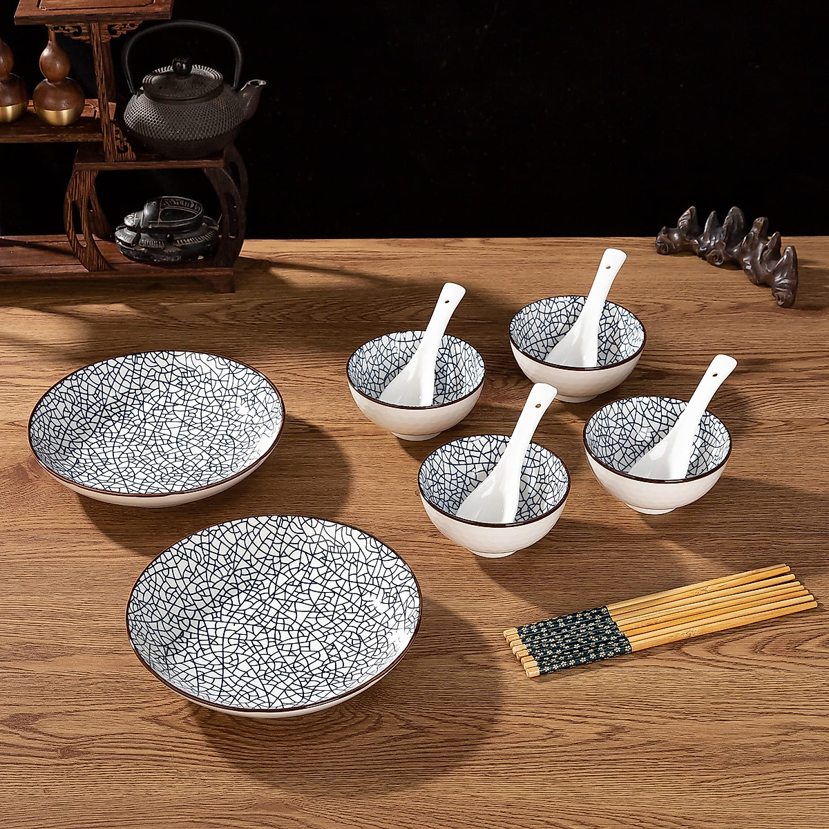 TJ Global 14-Piece Japanese Asian Cuisine Bowl Set with 4 Bowls, 4 Pairs of Chopsticks, 4 Soup Spoons and 2 Deep Plates for Serving Dinner, Rice, Soup, Dessert, Salad, Etc.