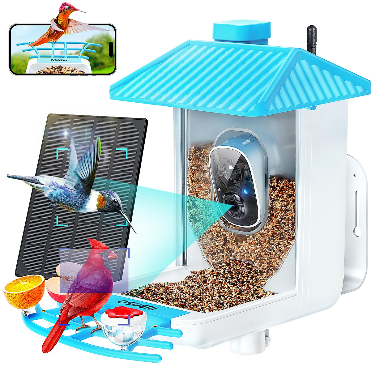 Osoeri Smart Bird Feeder with Camera, 1080P HD AI Identify Wild Bird Watching Camera, Auto Capture Bird Videos Motion Detection, DIY Addons Hummingbird Feeder, Bird Feeder Camera Gift for Bird Lover