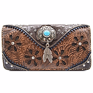 Western Feather Tooled Leather Floral Laser Cut Flower Purse Studs Single Shoulder Bag Clutch Women Trifold Wristlets Wallet (Coffee)