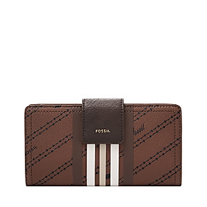 Fossil Women's Logan Faux Leather Wallet RFID Blocking Tab Clutch, Brown/Black Signature Print (Model: SL7827199)