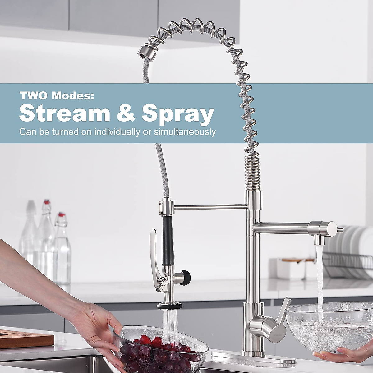 Commercial Kitchen Faucet with Pre-Rinse Sprayer, WOWOW Solid Brass Commercial Restaurant Faucet 1 or 3 Hole Spring Kitchen Faucet with Deck Plate, Brushed Nickel