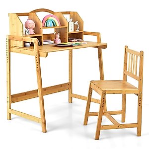 Costzon Kids Desk and Chair Set, Height Adjustable Bamboo Desk with Storage Hutch, Student Writing Computer Workstation for Bedroom, School, Children Study Table and Chair Set for Girls Boys Ages 3+