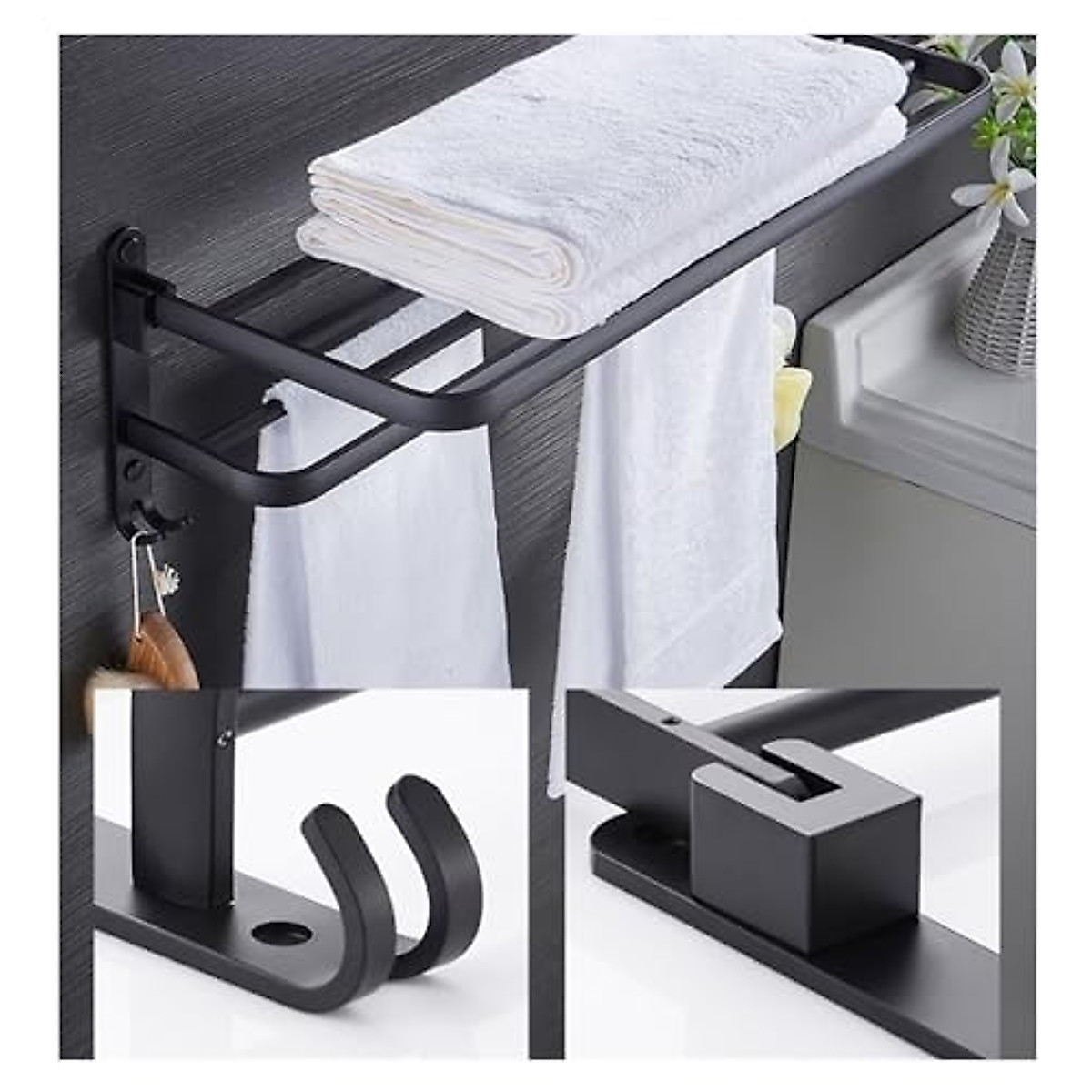 Towel Rack Wall-Mounted Towel Rack Foldable Towel Rail with Hook Space Aluminum Towel Rack Black Rack Kitchen Bathroom Home Decoration (Size : 60cm)