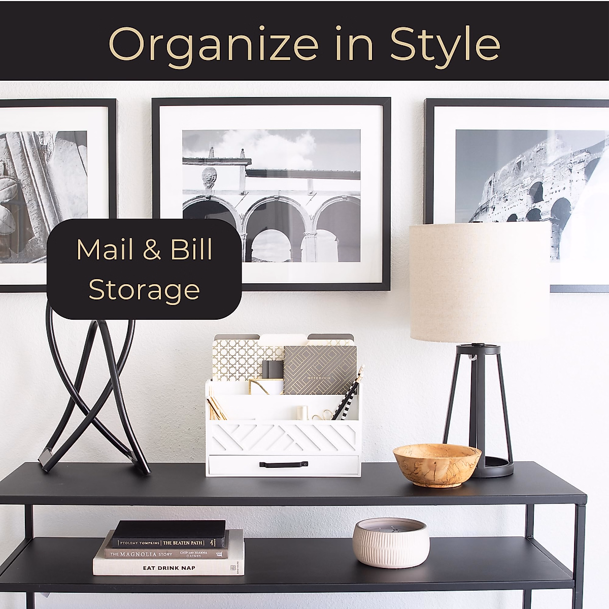 White Wood Desk Organizers and Storage with Drawer - Bill Mail Organizer and Mail Holder for Countertop and Kitchen - Desk Accessories & Workspace Organizers by Blu Monaco