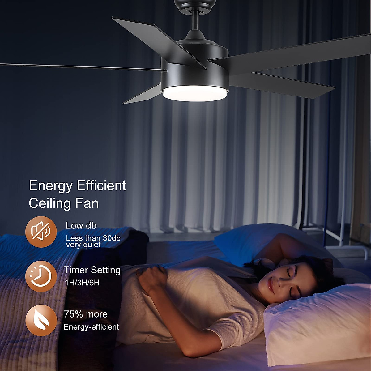 POCHFAN 52 inch Black Ceiling Fans with Lights and Remote Control, Quiet Modern Ceiling Fan for Bedroom, Living Room, Dining Room, Dimmable 3-Color Temperatures 6-Speed